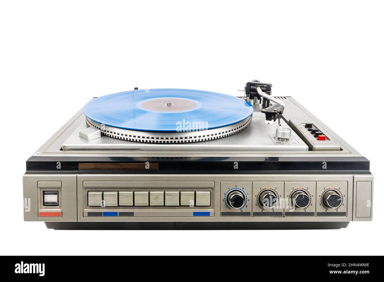 Vintage turntable record player with blue vinyl isolated on white ...