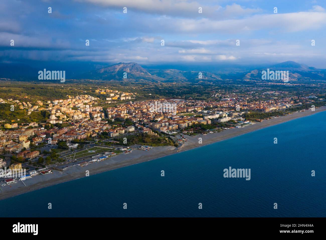 Aerial view of Scalea city and sea beach at sunset, province of Cosenza ...