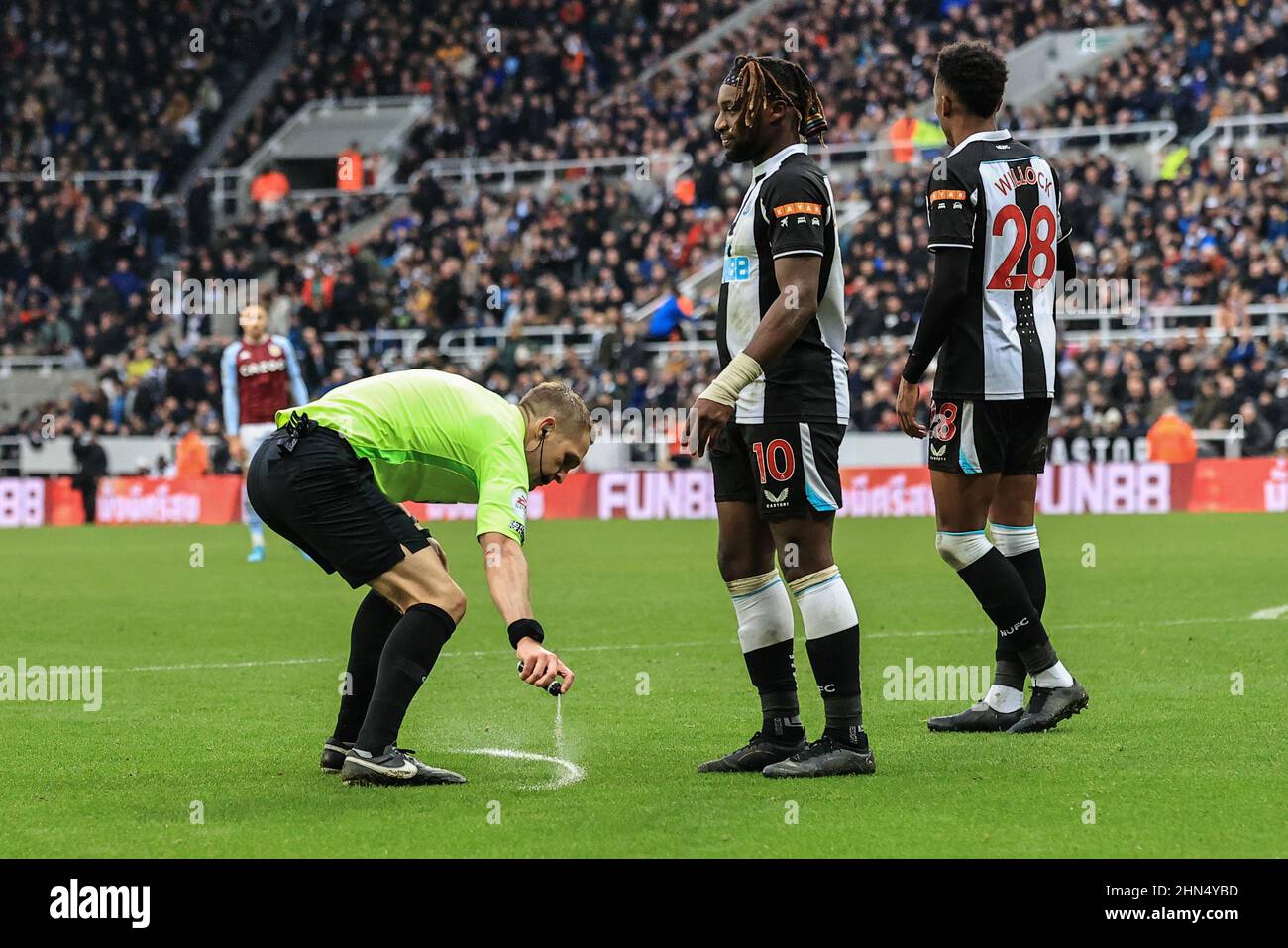 Referee Craig Pawson marks the Newcastle wall line in Newcastle, United ...