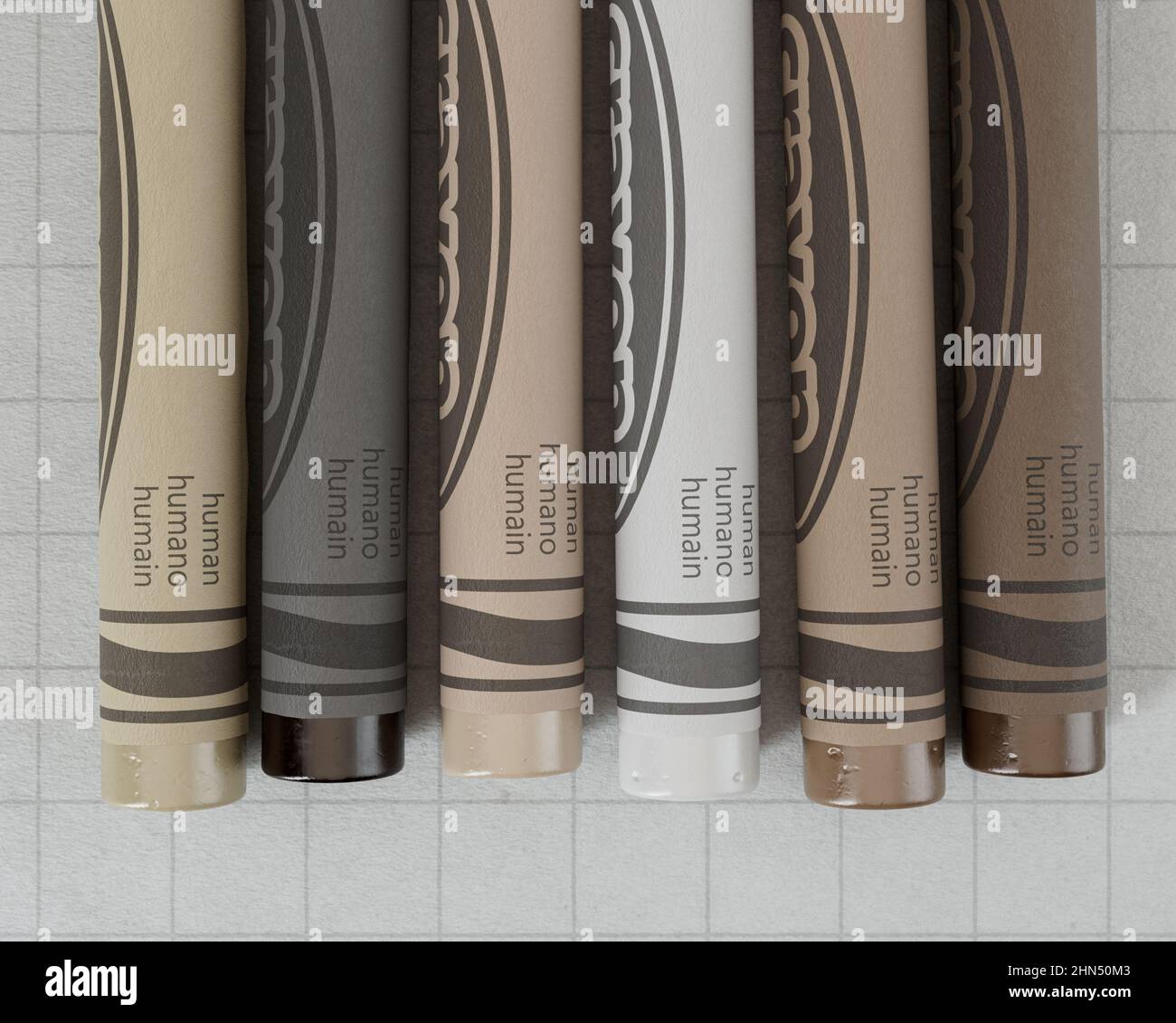 A concept showing childrens wax crayons in various color shades of skin ...