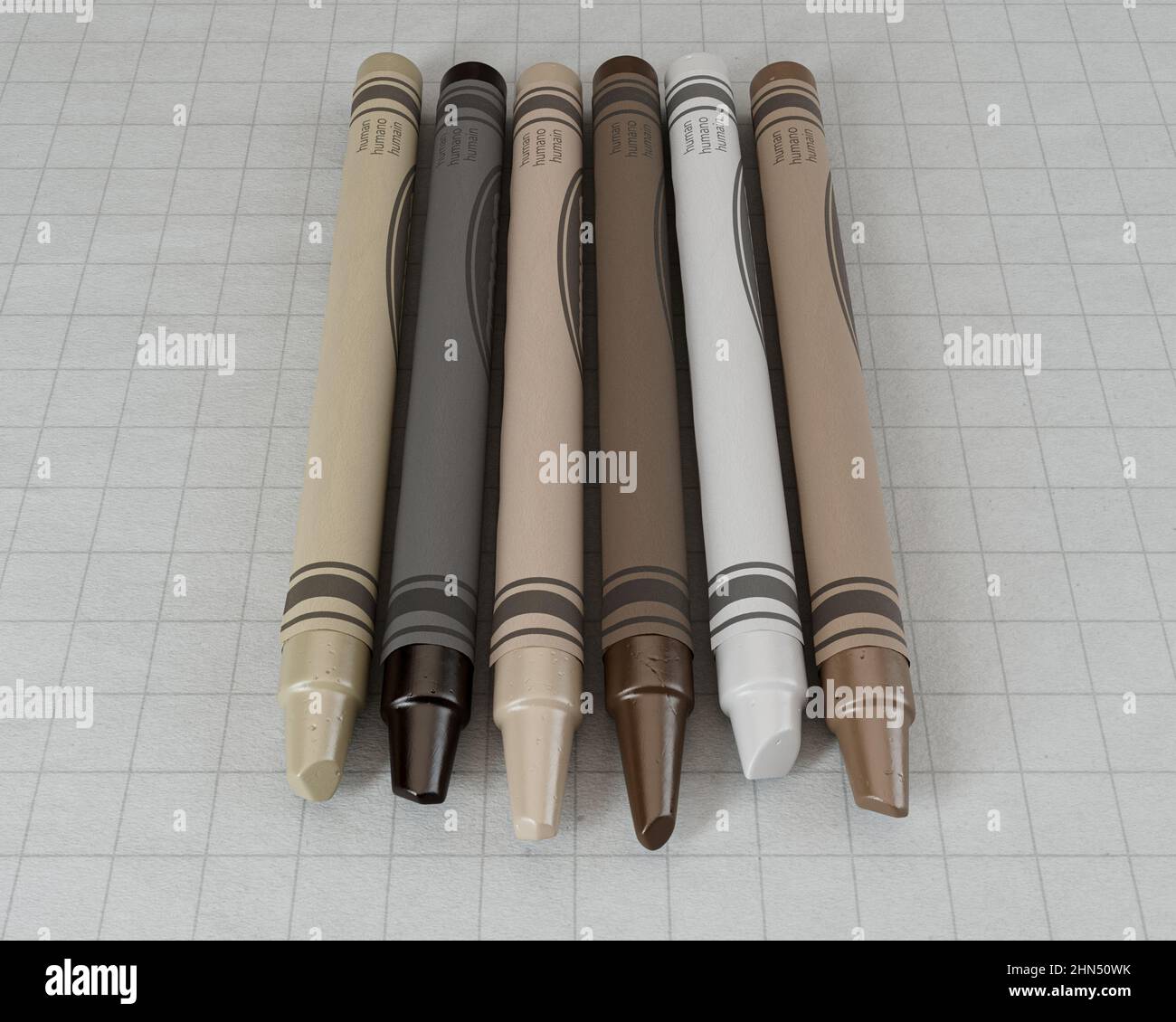 A concept showing childrens wax crayons in various color shades of skin ...