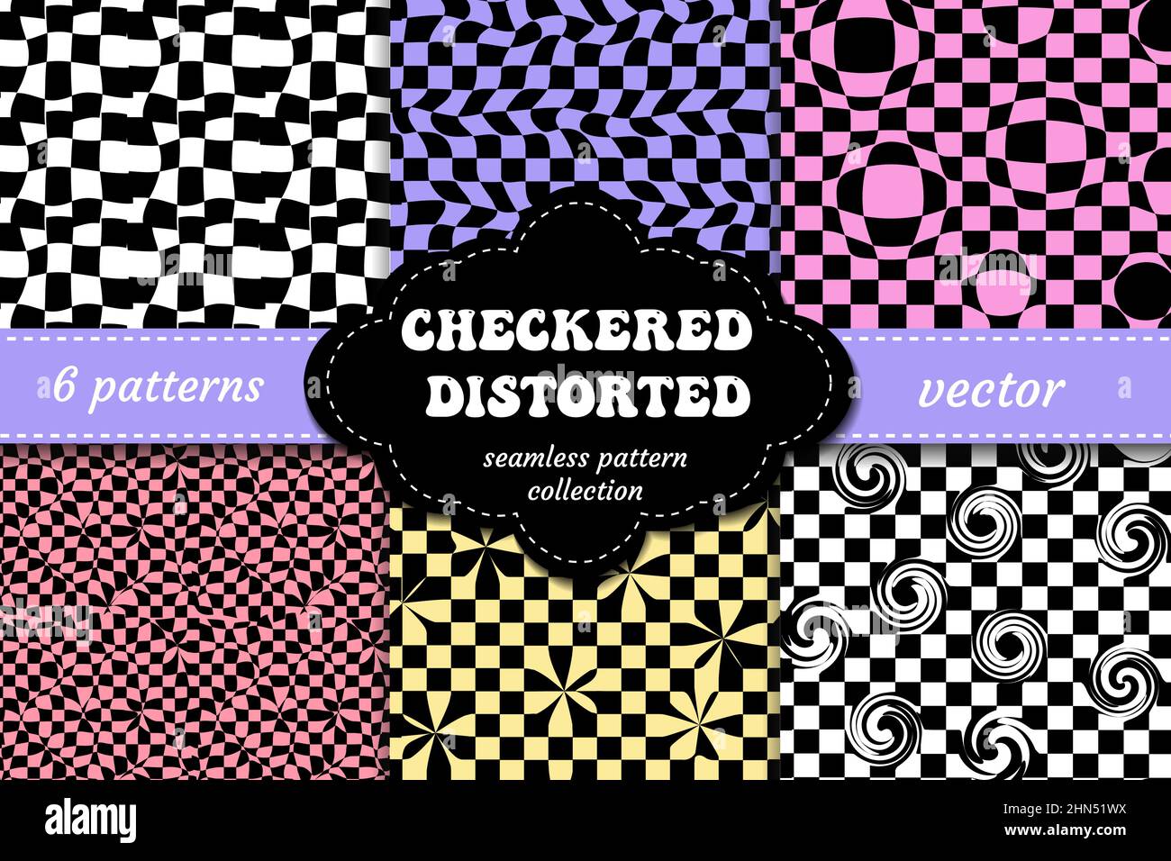 Checkered distorted seamless pattern set. Abstract black and white ...