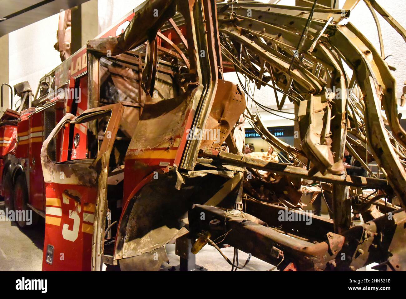 Totally destroyed firetruck belonging to the FDNY Ladder 3. The ...