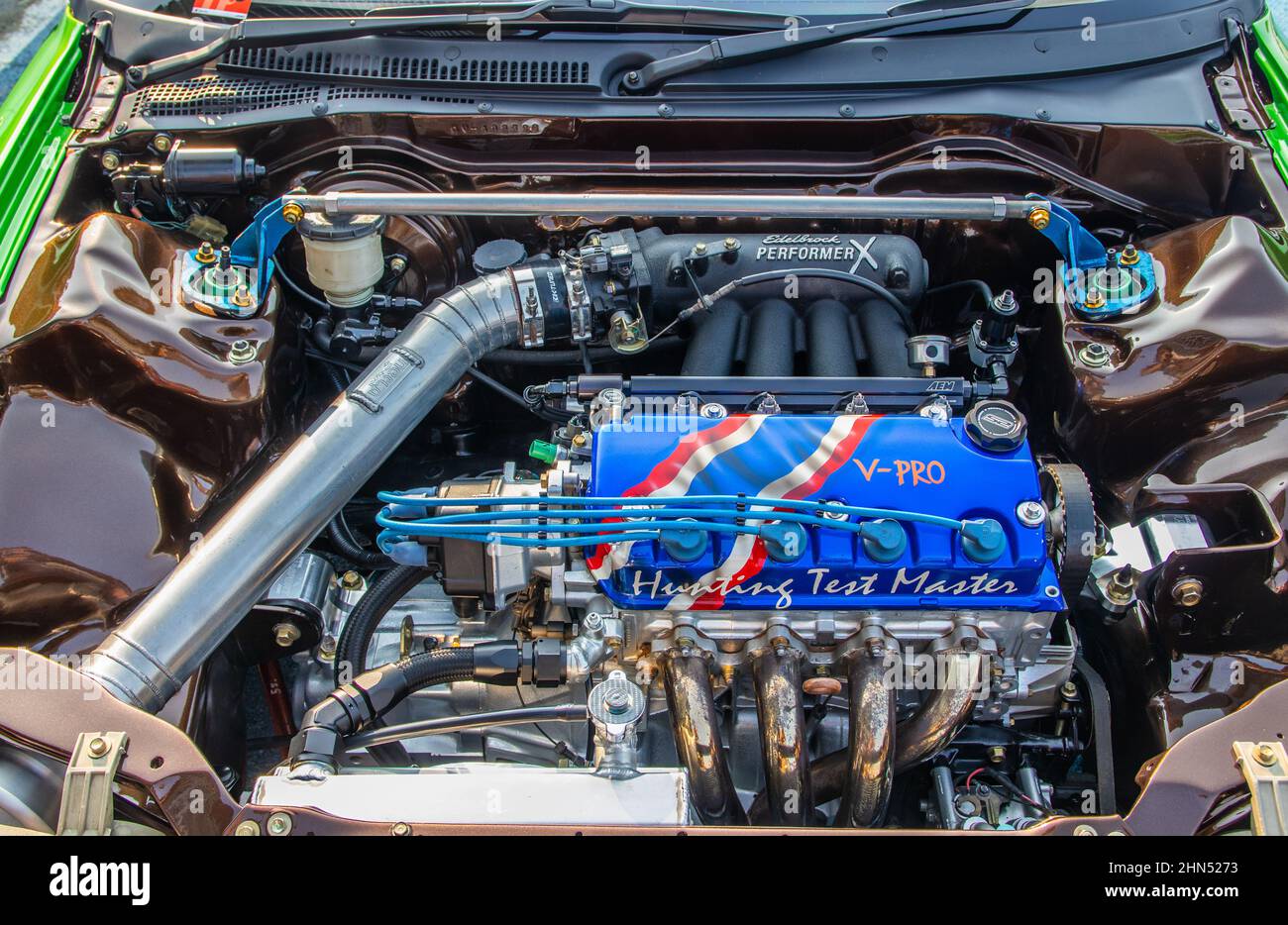 An engine block of a tuning car during a show automobile exhibition ...