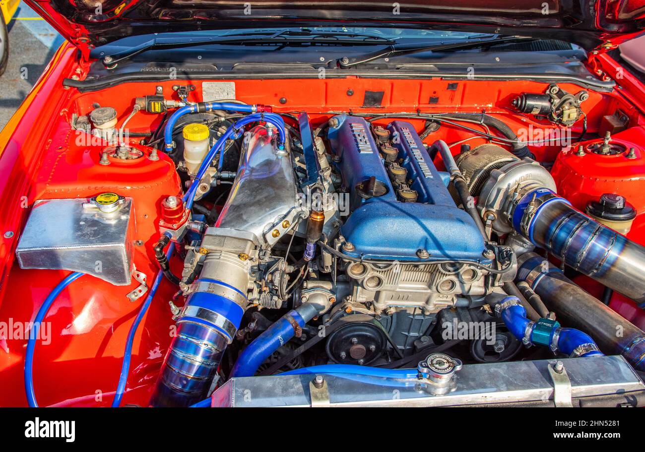 An engine block of a tuning car during a show automobile exhibition ...