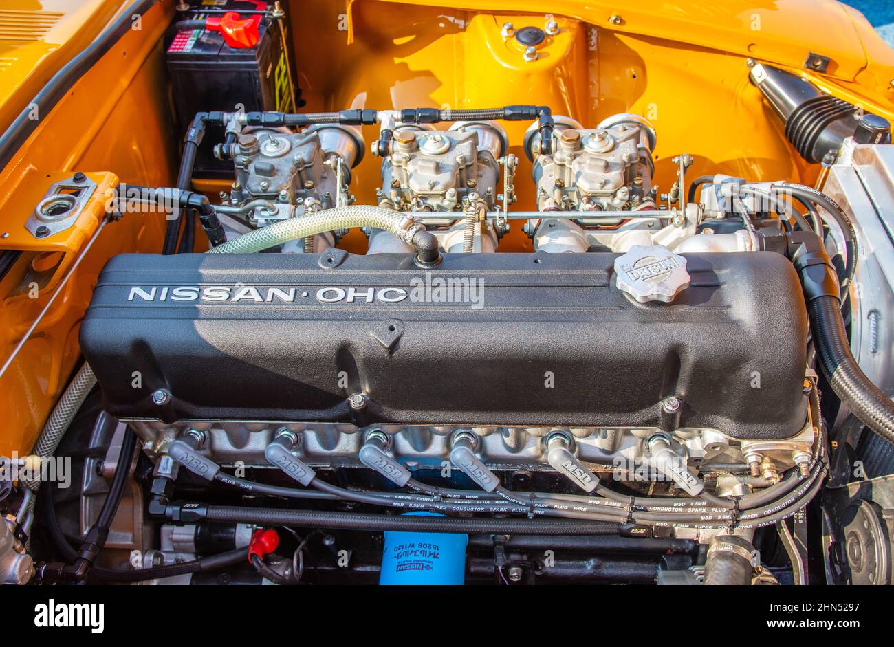 An engine block of a tuning car during a show automobile exhibition ...