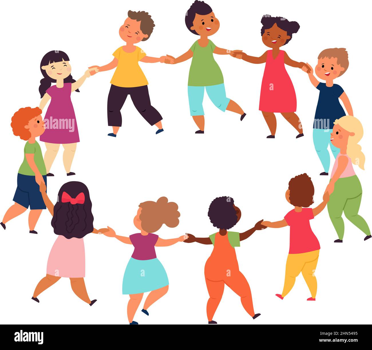 Kids in circle. Playing teens holding hands, children connection ...