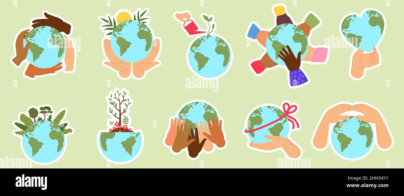 Eco stickers. People hold earth, nature climate change and ecology ...