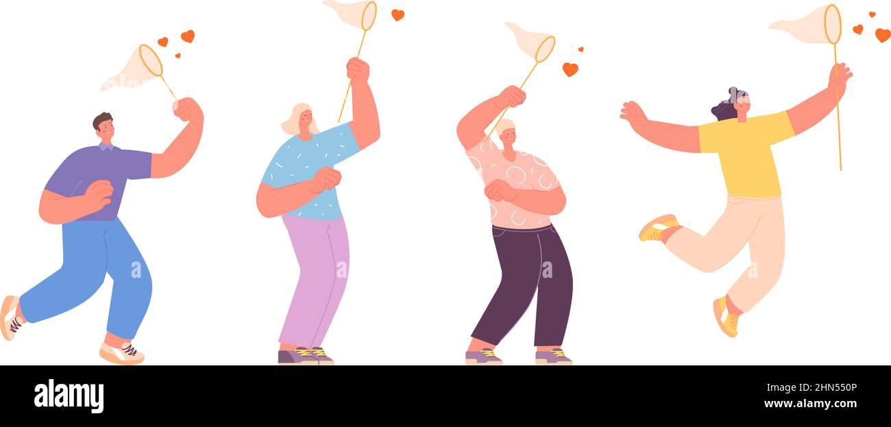 Catching hearts in net. People catch heart, happy woman and man find ...