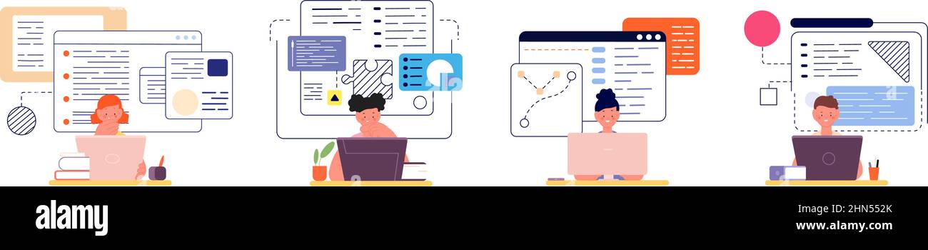 Children web development. Cute little kids with computer and laptop ...