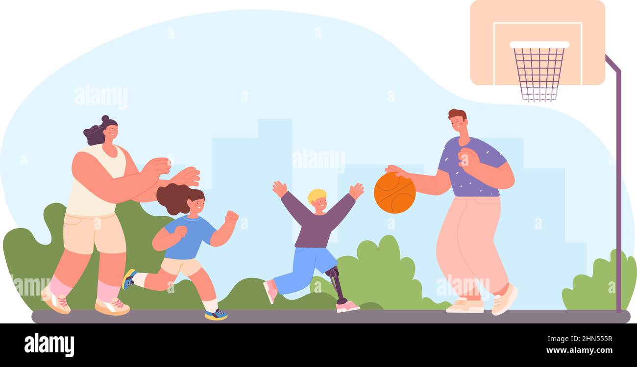 Family play basketball in city park. Inclusive child in life. Happy boy ...