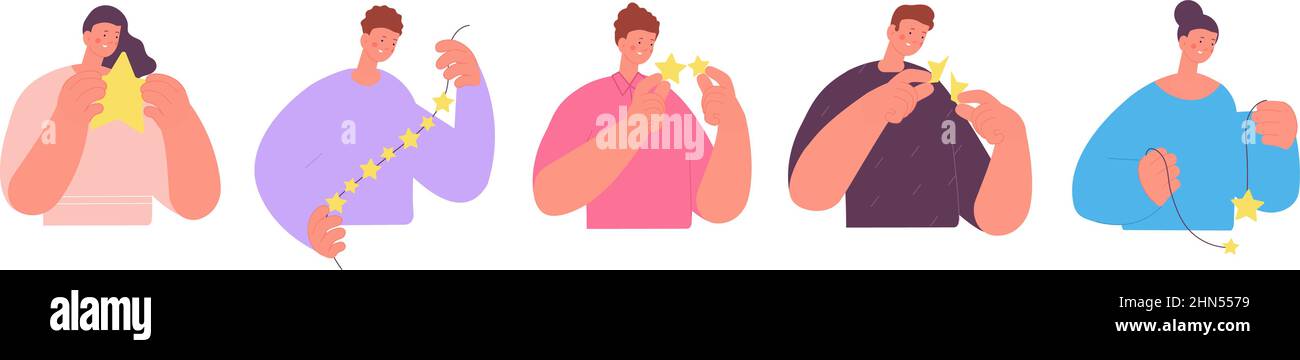 People holding stars. Broken dreams, happy woman man with garlands ...