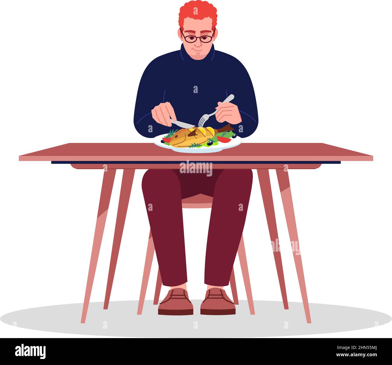 Man eating fish with knife and fork semi flat RGB color vector ...