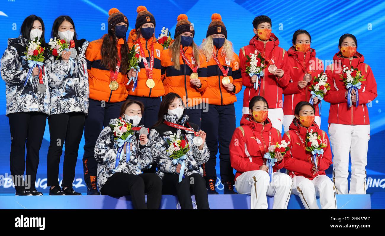 Winners in women's short track relay (From L) Silver medalists team ...