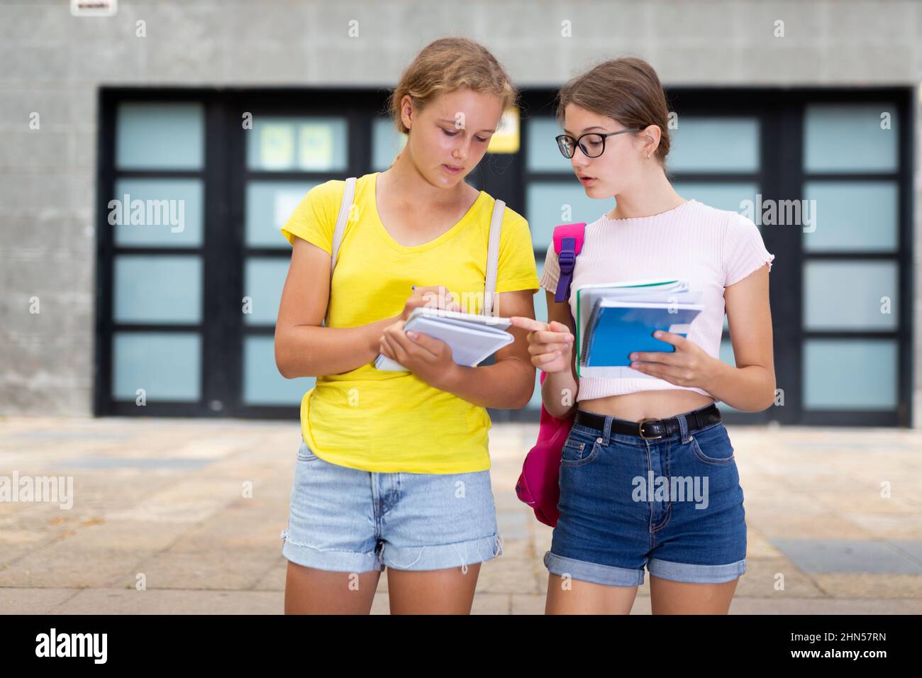 Two happy female students walking and talking each other in campus ...