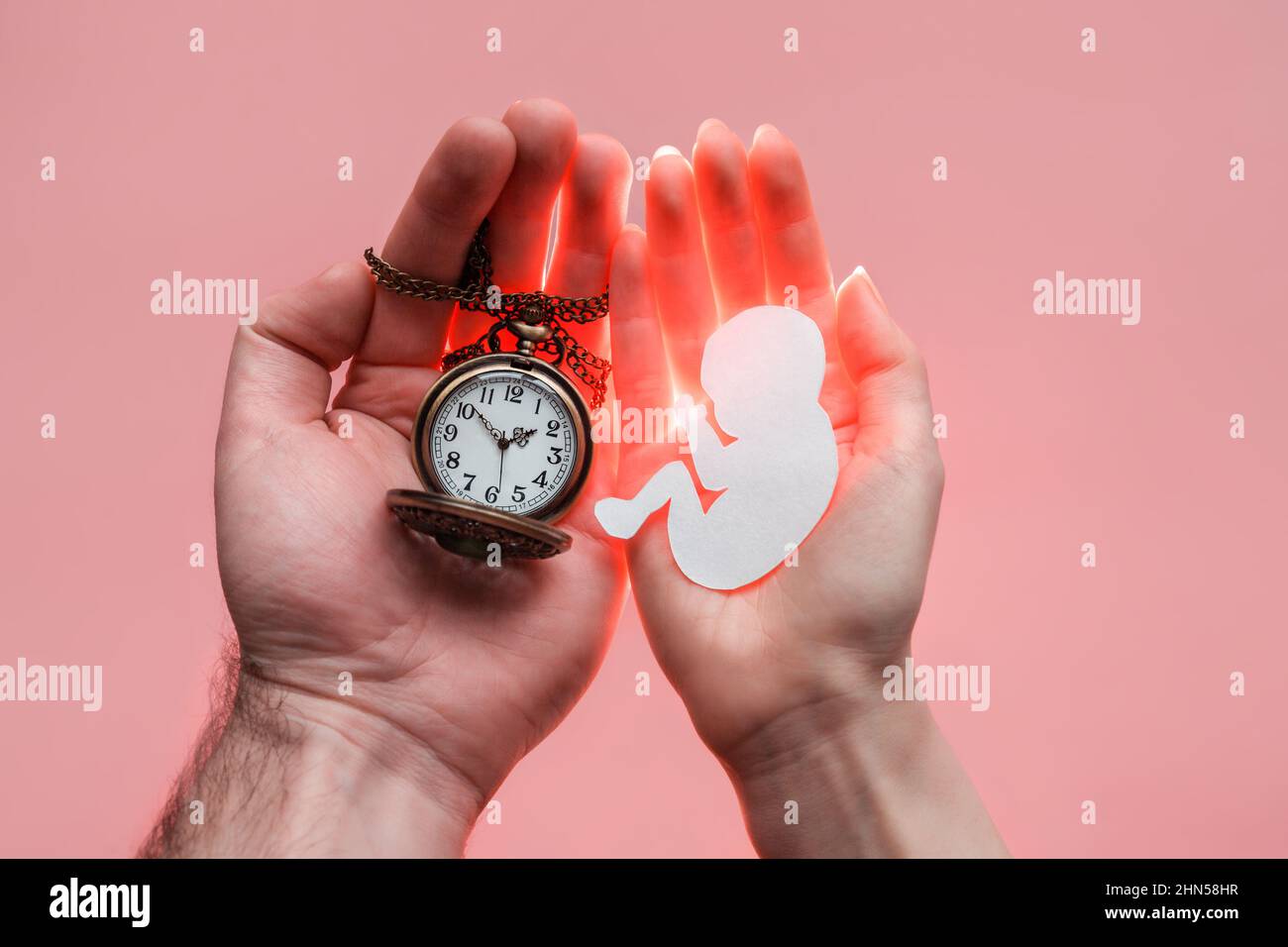 Parents palms pressed together and keep paper embryo with clock. Pastel ...