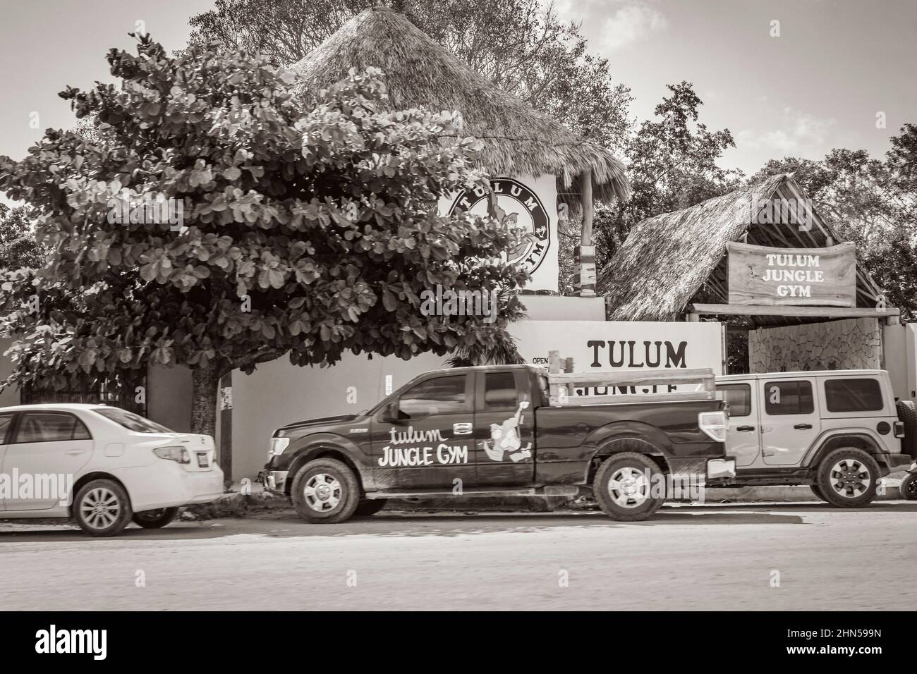 Tulum Mexico 02. February 2022 Black and white picture of the driving ...