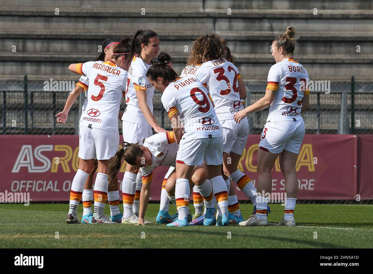 Rome, Italy, February 13, 2022, Roma's players jubilates after scoring ...