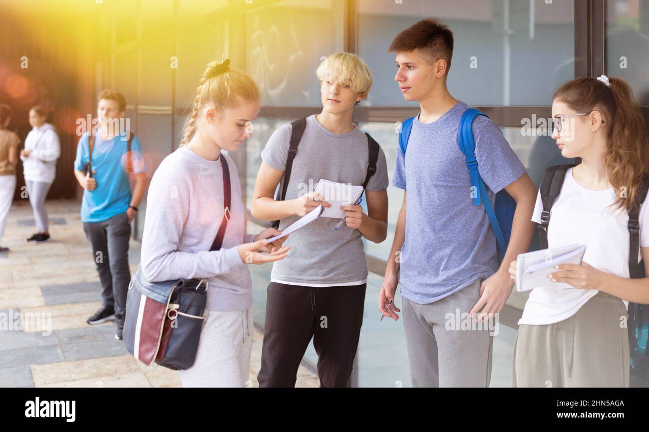 Group of teenager students resting in schoolyard during recess Stock ...