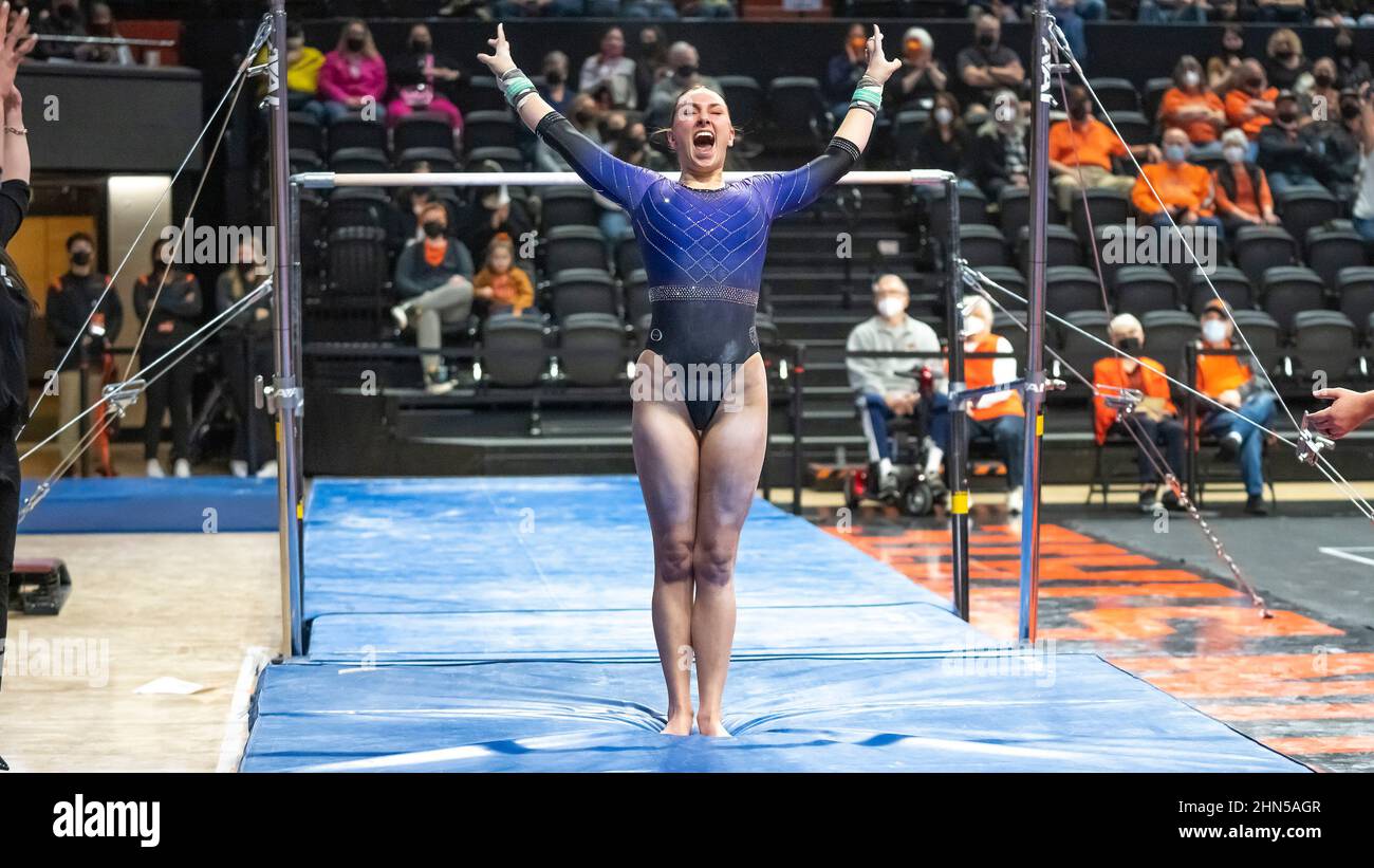 Corvallis, USA. 13th Feb, 2022. WSU's Morgan Bowles sticks her landing ...