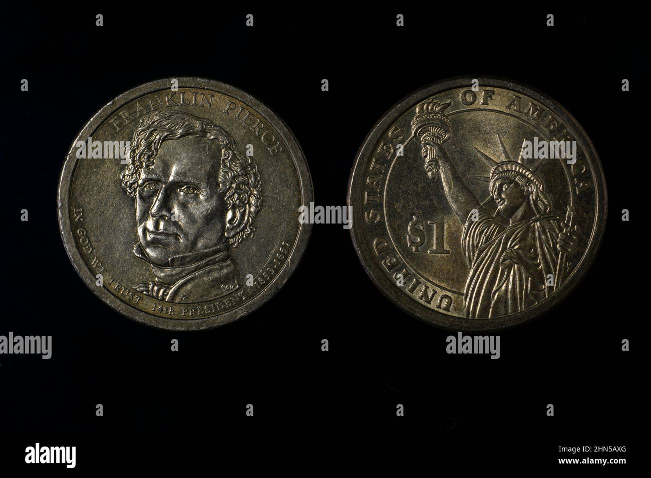 US Dollar Coin Franklin Pierce Obverse Reverse Black Background Stock ...