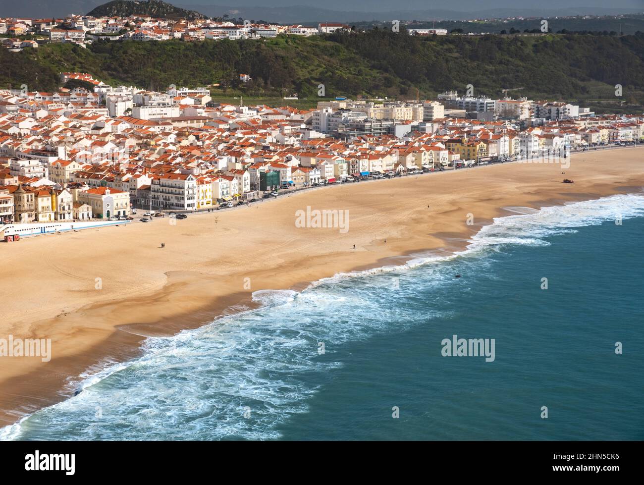 high point view of Nazare. Sand beach, sea, village Nazare, Portugal ...