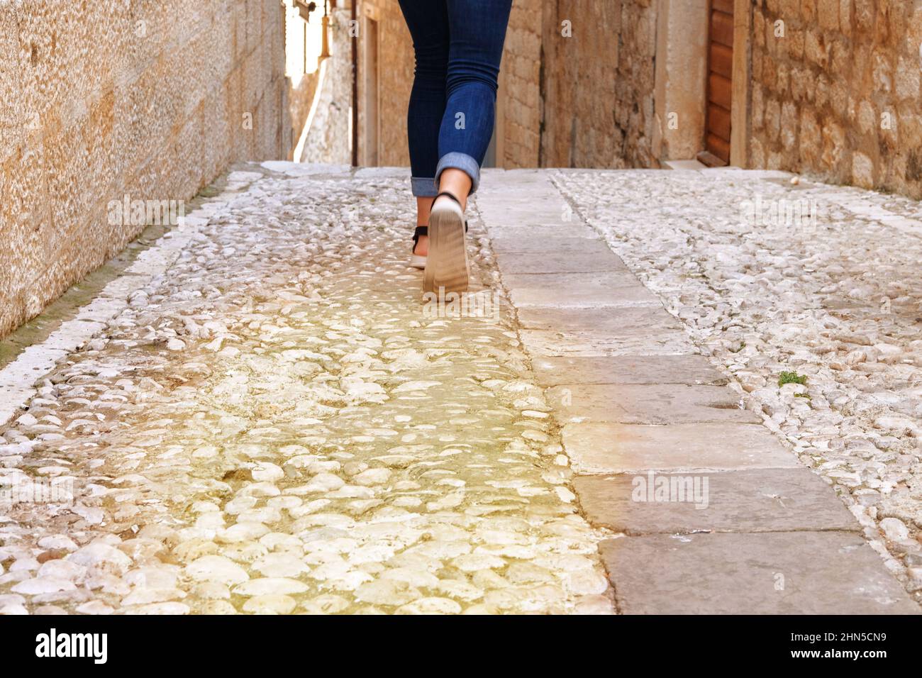 Yellow old paving slab. Pedestrian zone in the historical place in ...