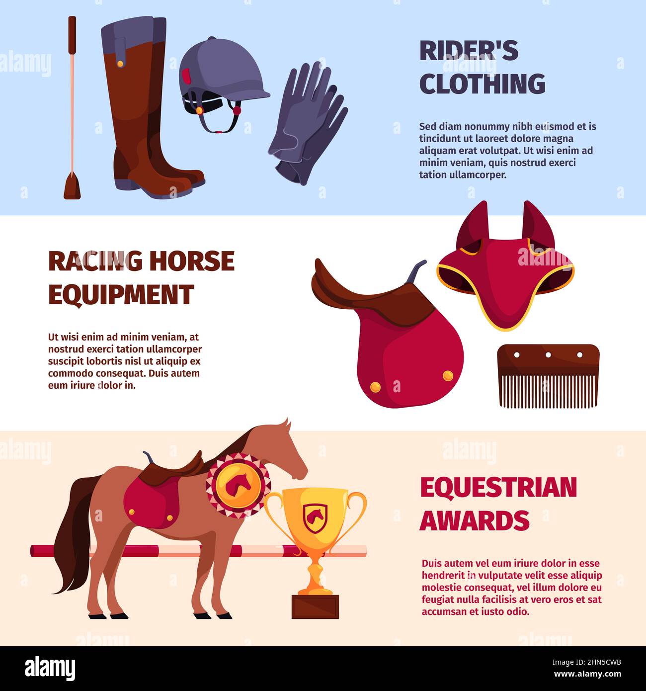 Equestrian banners. Tools for care sport equestrian horses garish ...