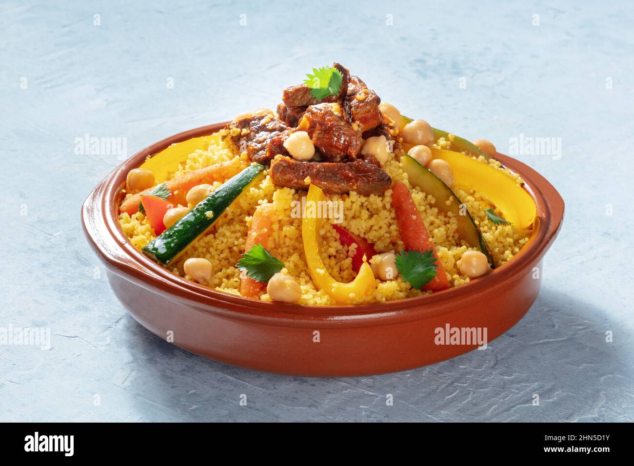 Meat and vegetable couscous in a bowl, typical food from Morocco, a ...