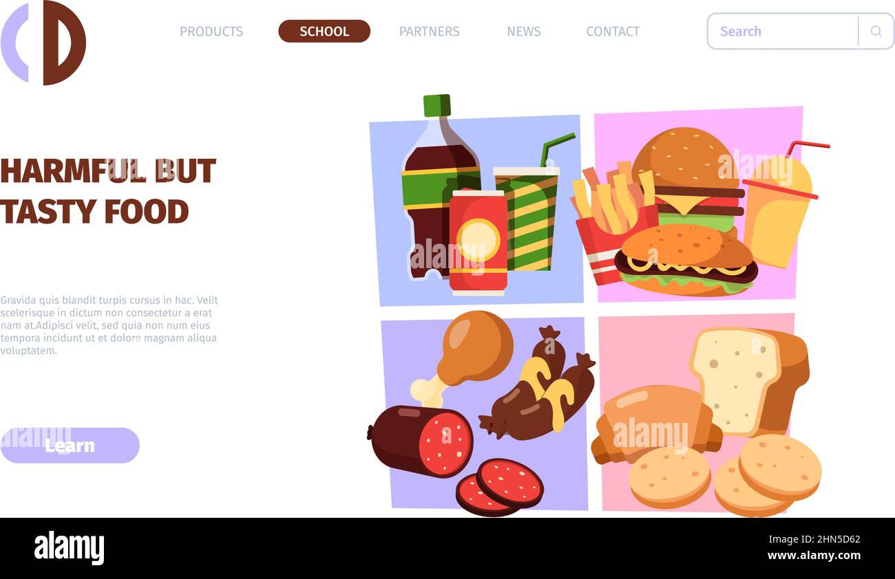 Unhealthy product landing. Junk food alcohol processed meat sugar white ...