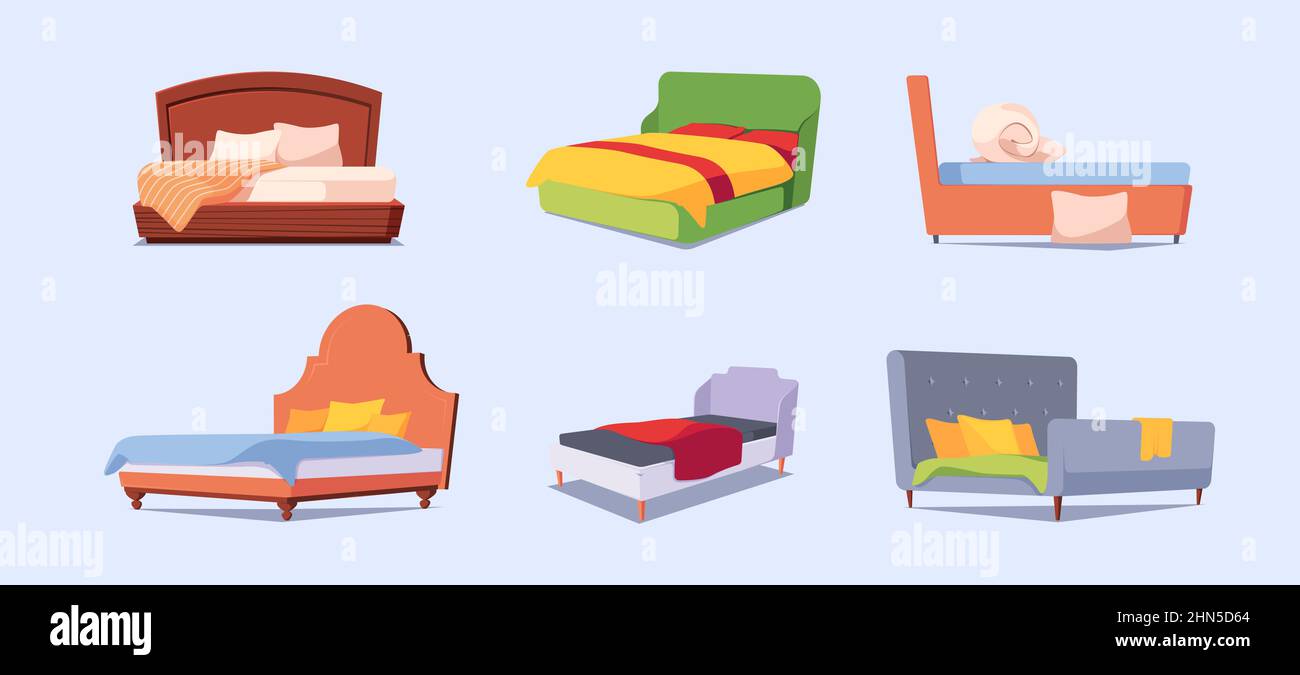 Cartoon bed. Modern furniture for relax time comfortable sofa blankets ...