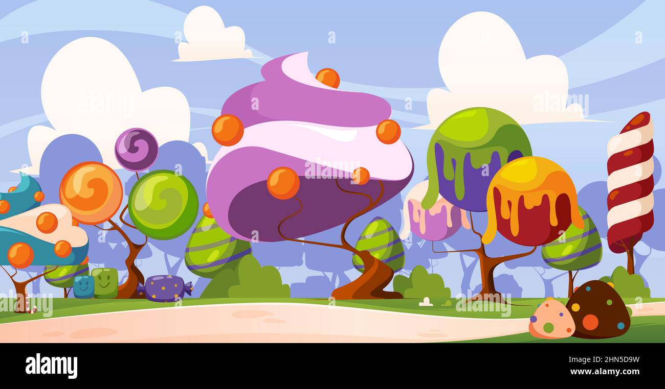 Sweets background. Delicious landscape with fantasy sugar trees from ...