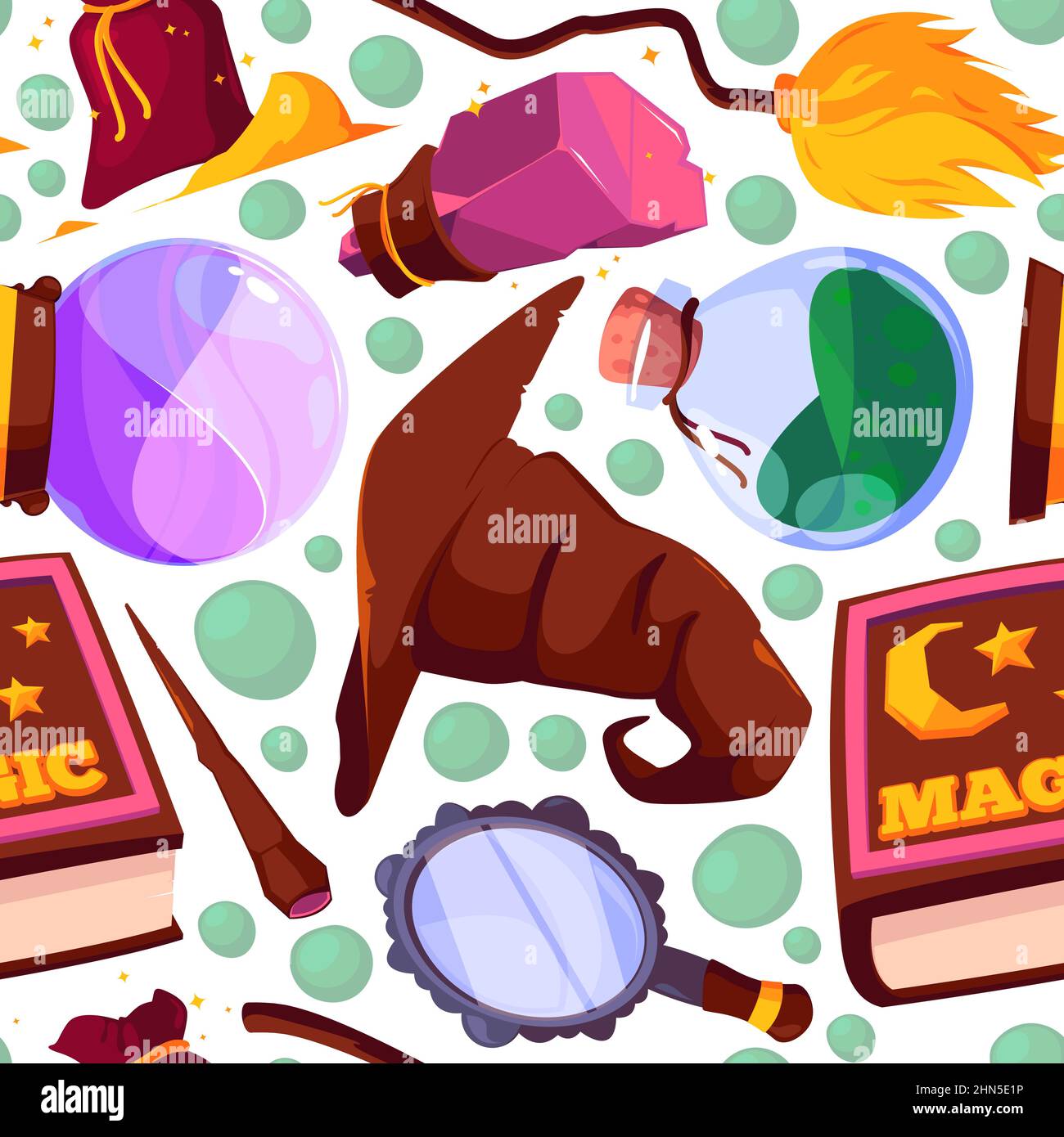 Magic pattern. Glowing bottles and circles for wizard spells bubbles ...