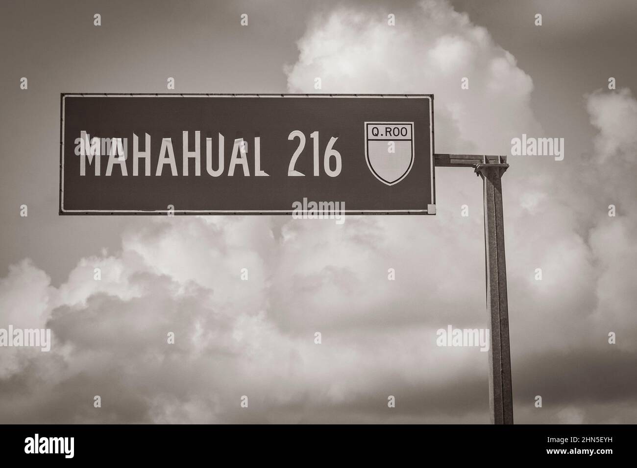 Tulum Mexico 02. February 2022 Black and white picture of a road sign ...