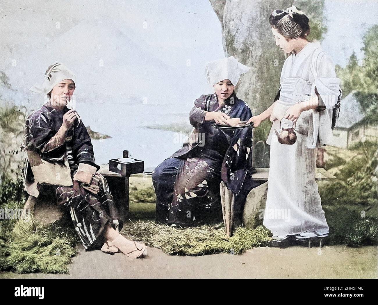 Machine Colorized Japanese Peasant girls taking tea from The living ...
