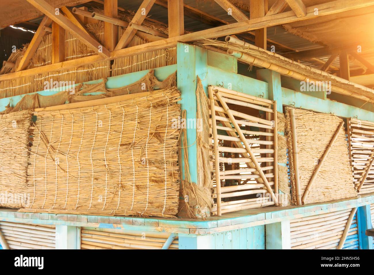 Bar shop built from bamboo trunks and palm leaves, eco-dried material ...