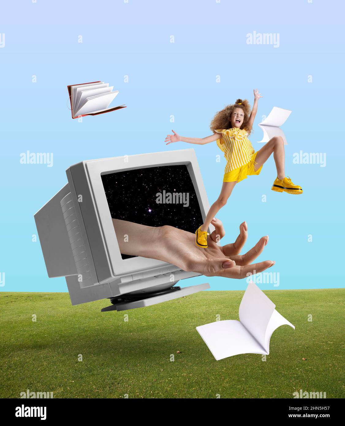 Contemporary art collage of child, girl on female hand in big retro ...