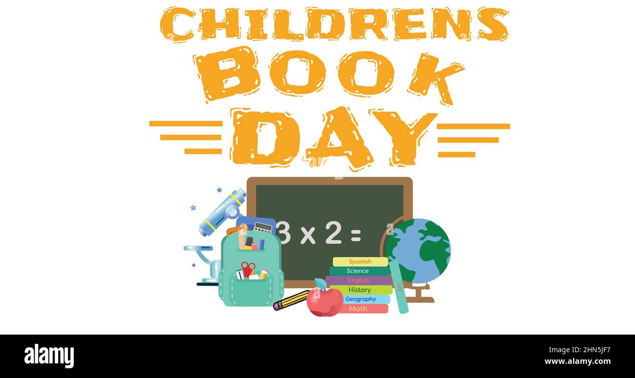 Vector image of children's book day text with slate, globe and various ...