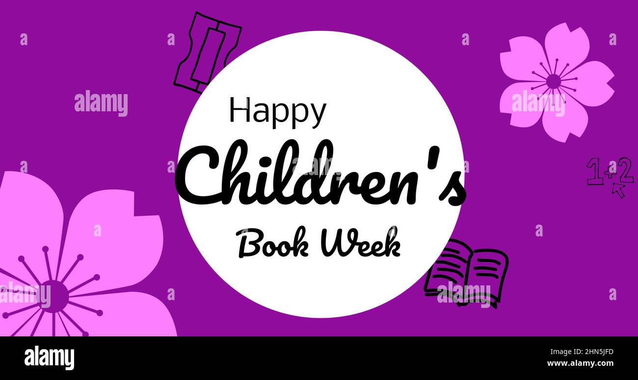 Vector image of happy children's book week text on circle over purple ...