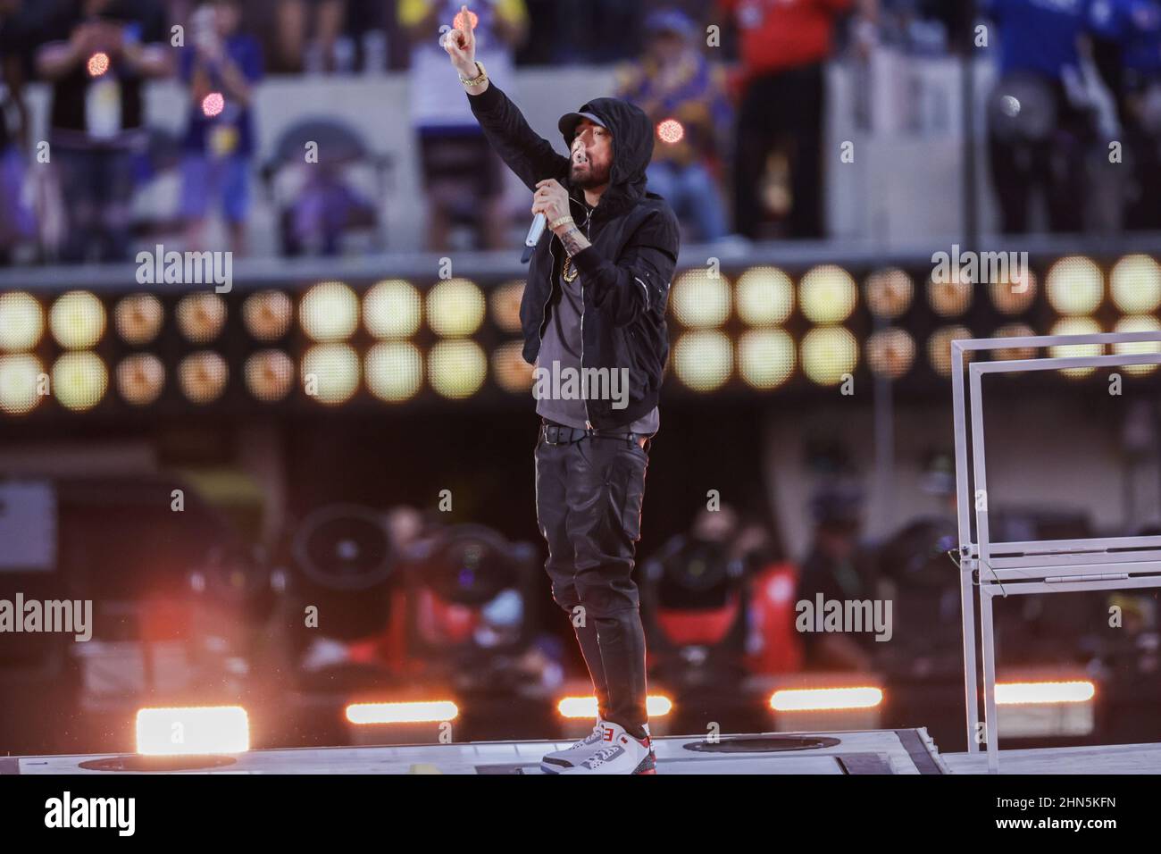 Eminem performs during the Super Bowl LVI Halftime Show at SoFi Stadium ...