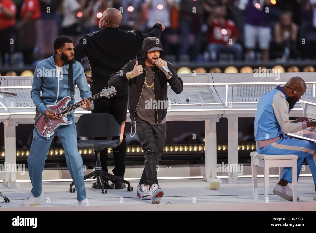 Eminem performs during the Super Bowl LVI Halftime Show at SoFi Stadium ...
