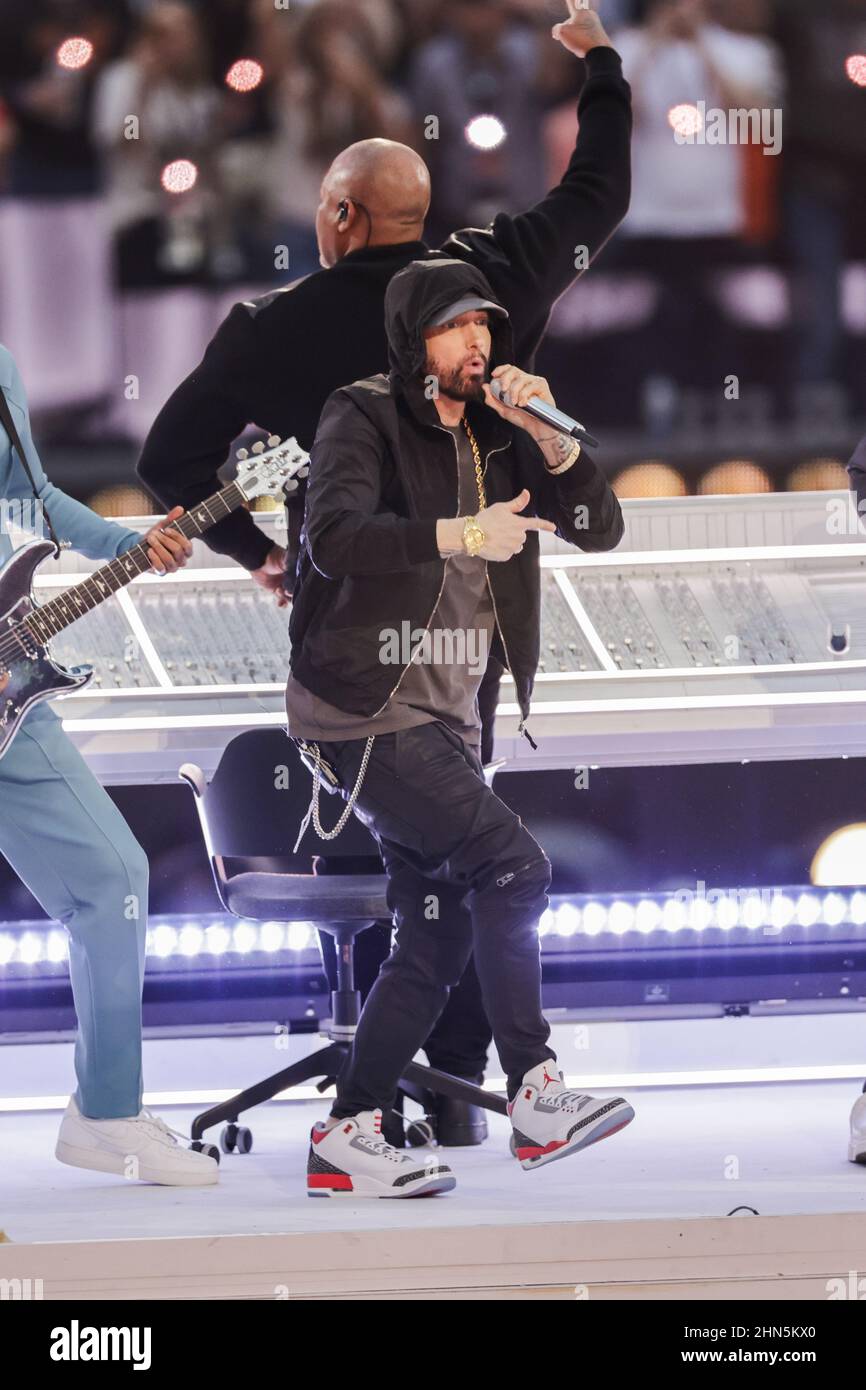 Eminem performs during the Super Bowl LVI Halftime Show at SoFi Stadium ...