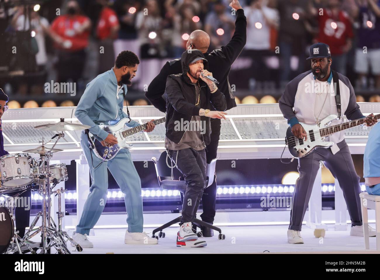 Eminem performs during the Super Bowl LVI Halftime Show at SoFi Stadium ...