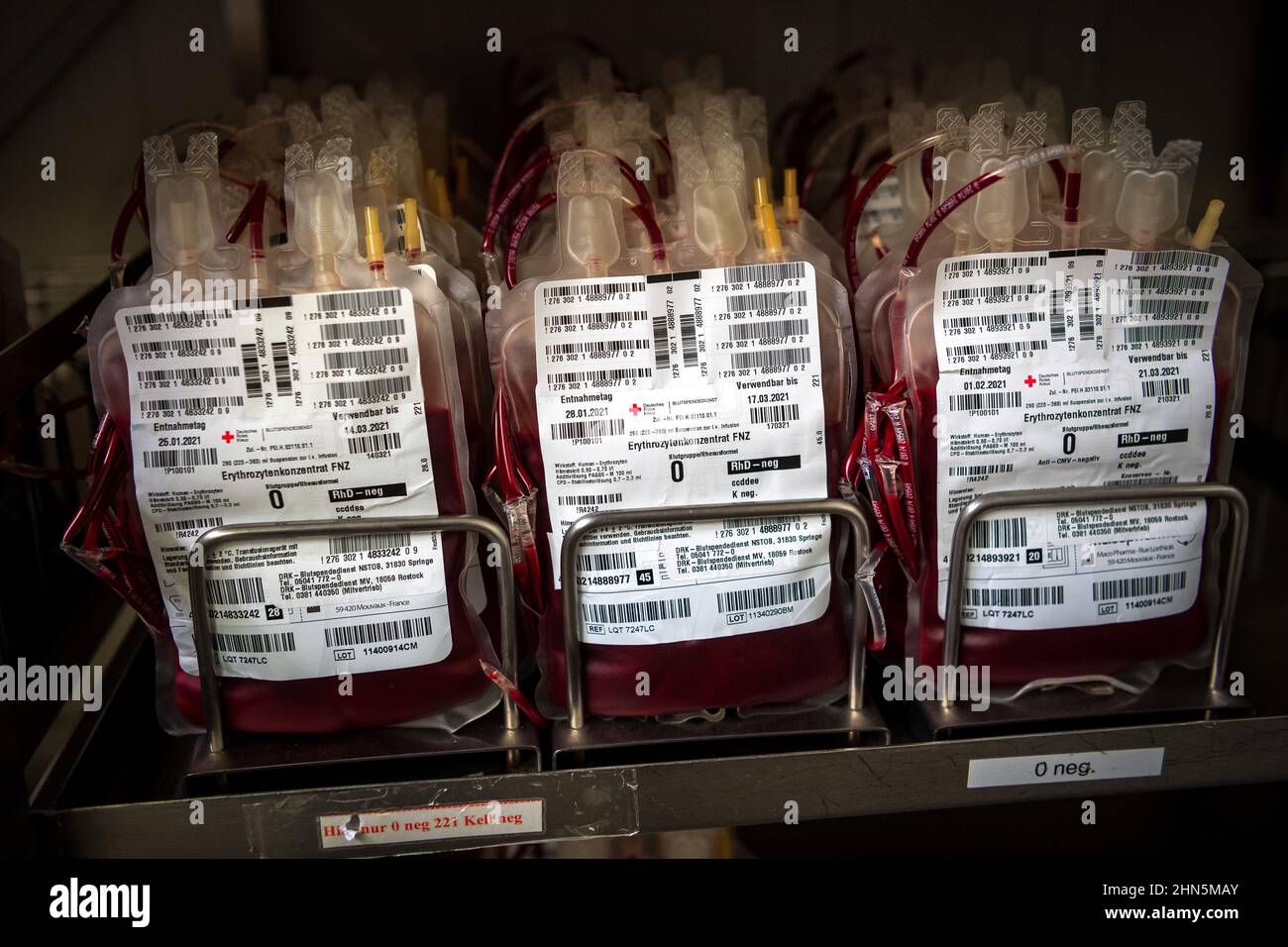 10 February 2021, Lower Saxony, Oldenburg: Blood units of blood group 0 ...