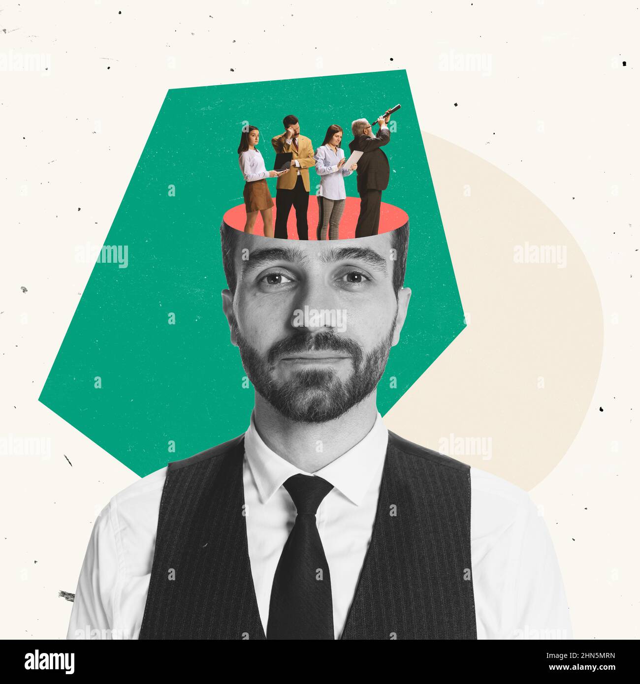 Contemporary art collage. Office workers, employees communicating ...