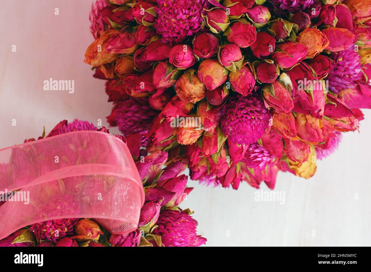 Kissing ball pomander ornament with pink dried roses and gomphrena ...