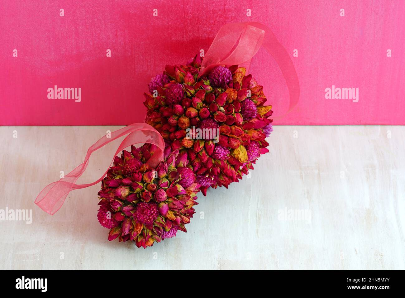 Kissing ball pomander ornament with pink dried roses and gomphrena ...