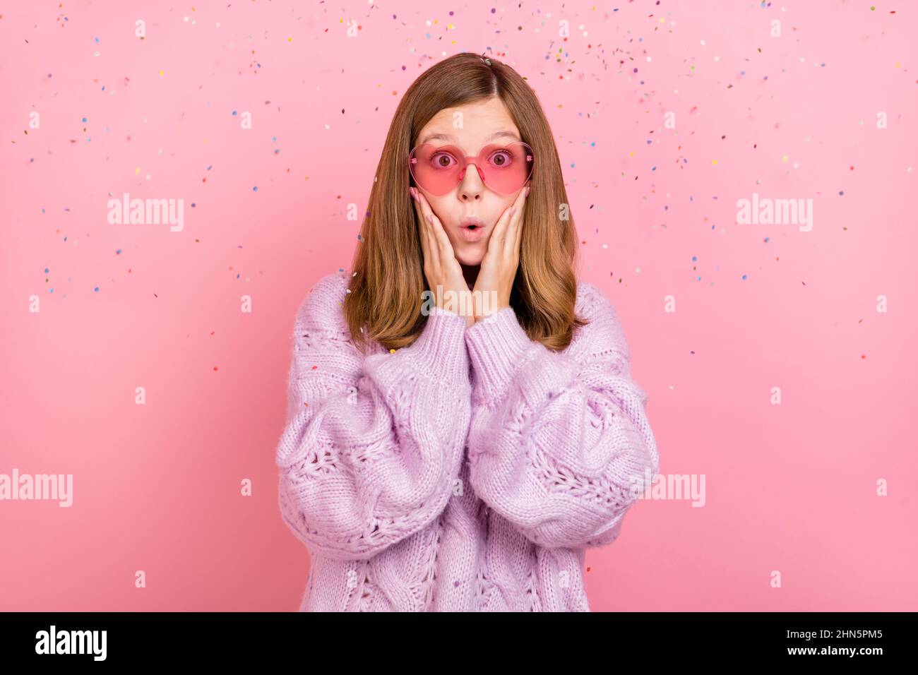 Photo of young impressed girl face reaction hands touch cheeks stupor ...