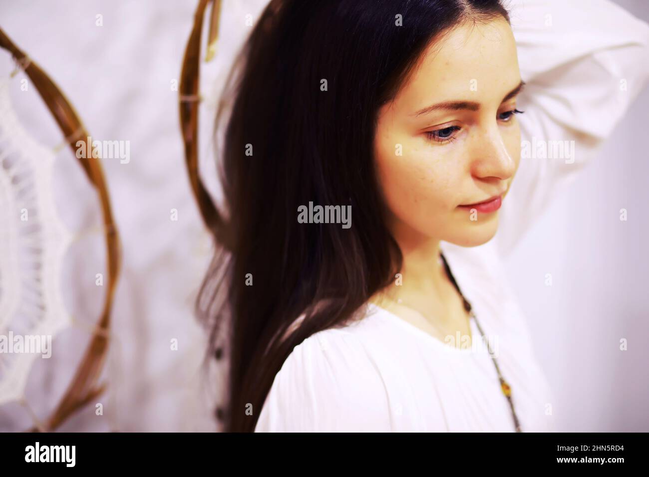 Relaxed serene pretty young woman at home, happy calm lady dream enjoy ...