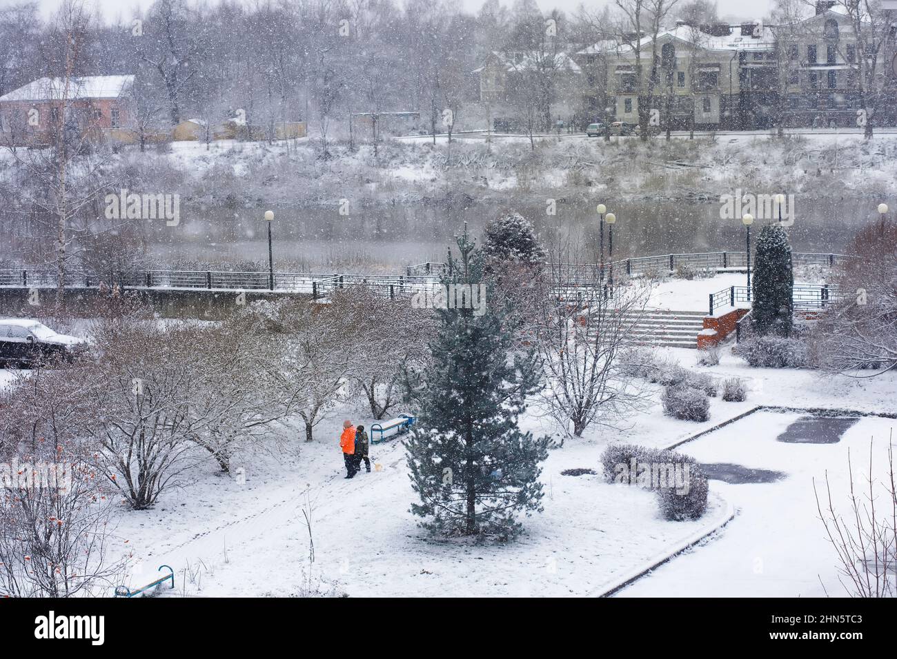 Winter landscape. Fairy-tale beauty snow-covered streets. Snowfall and ...